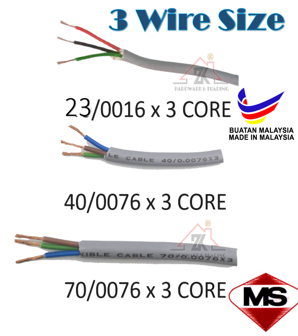 Kabel 3 Teras Wayar PVC Insulated Sheathed Flexible Wire Cable 3 Core ...
