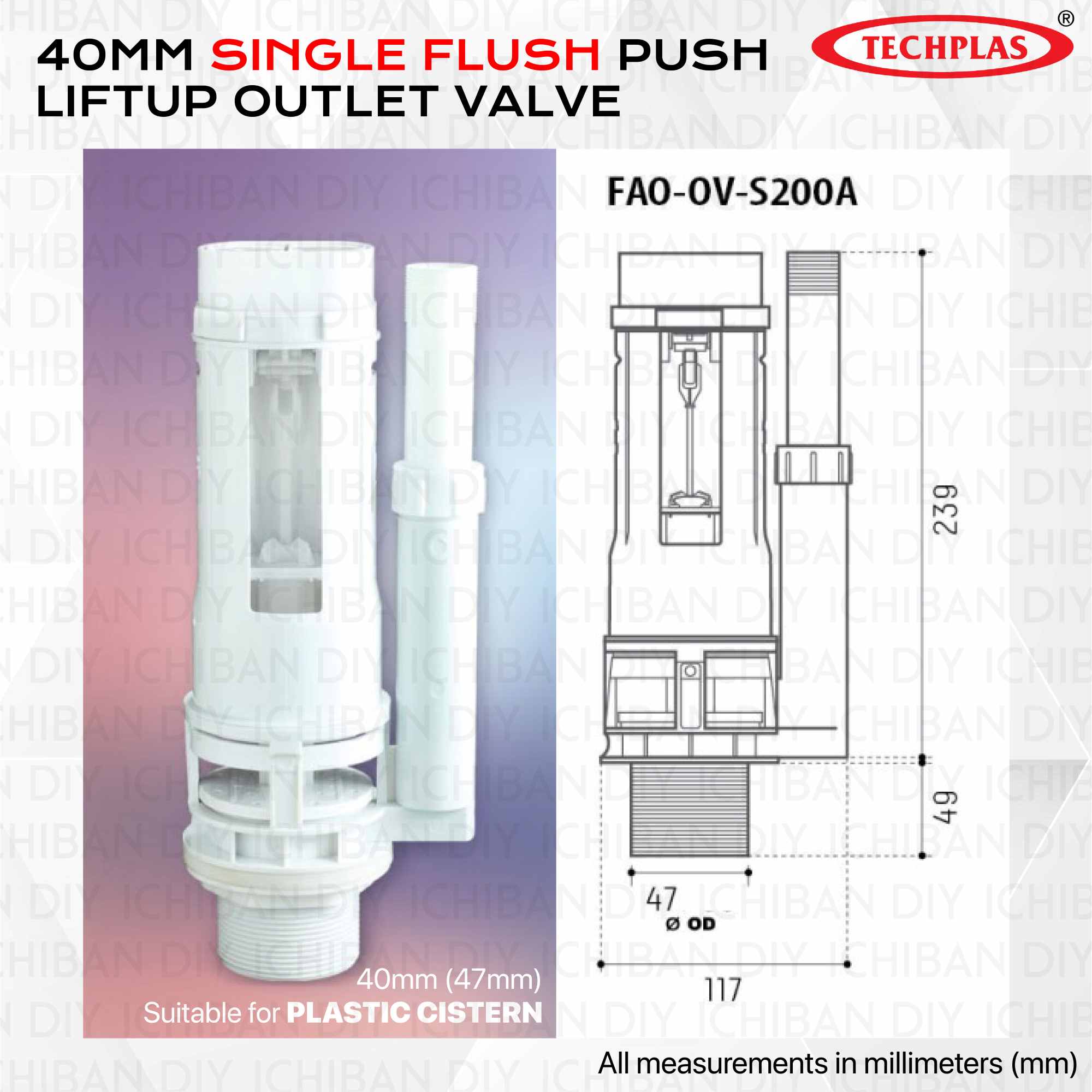 Techplas Single/ Dual Flush Push Button Liftup Outlet Valve Water Tank Pump Cistern Spare Part ...
