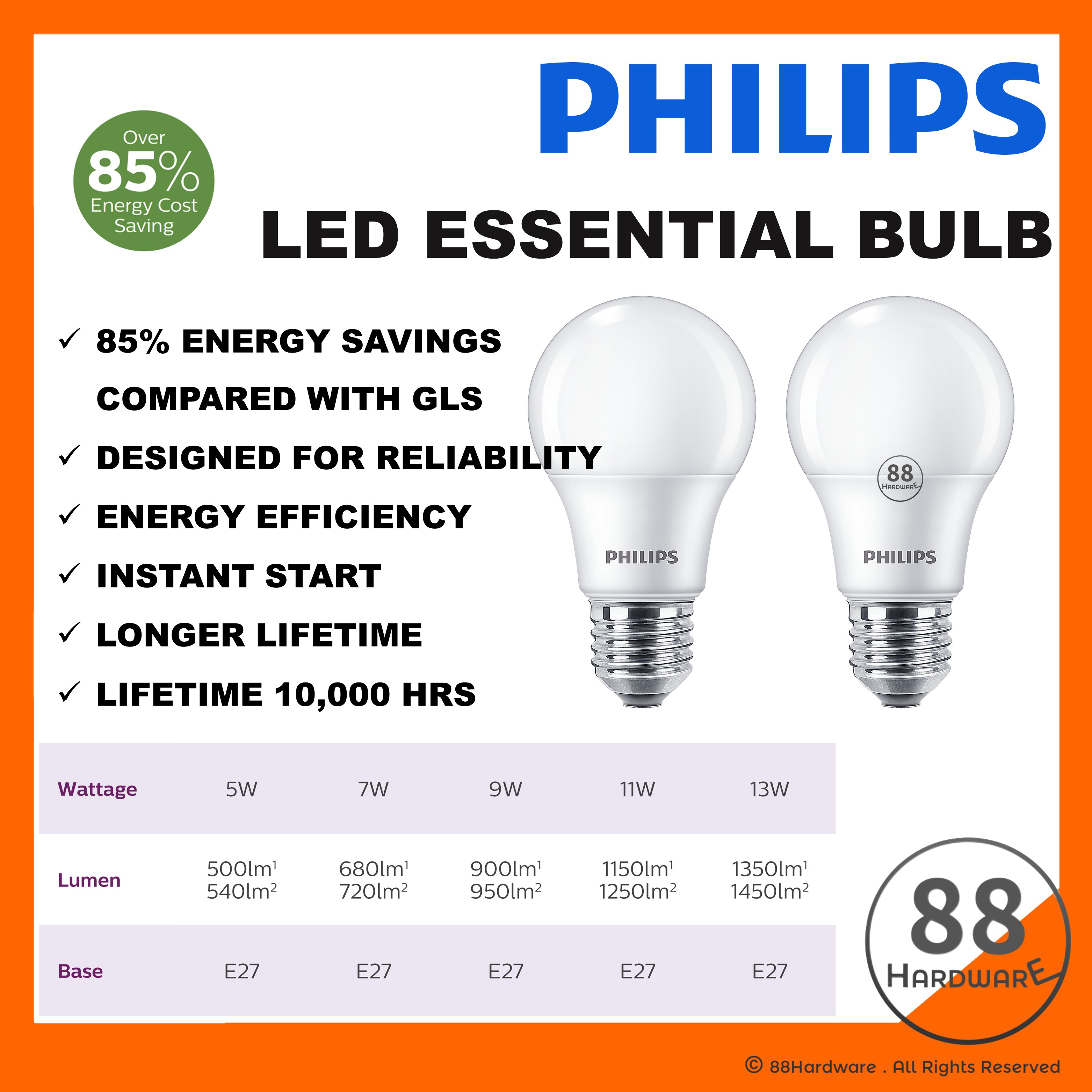 【100%ORI】PHILIPS 5W/7W/9W/11W/13W / E27 / E14 / ESSENTIAL LED BULB/STICK BULB/PLC 2 PIN BULB ...