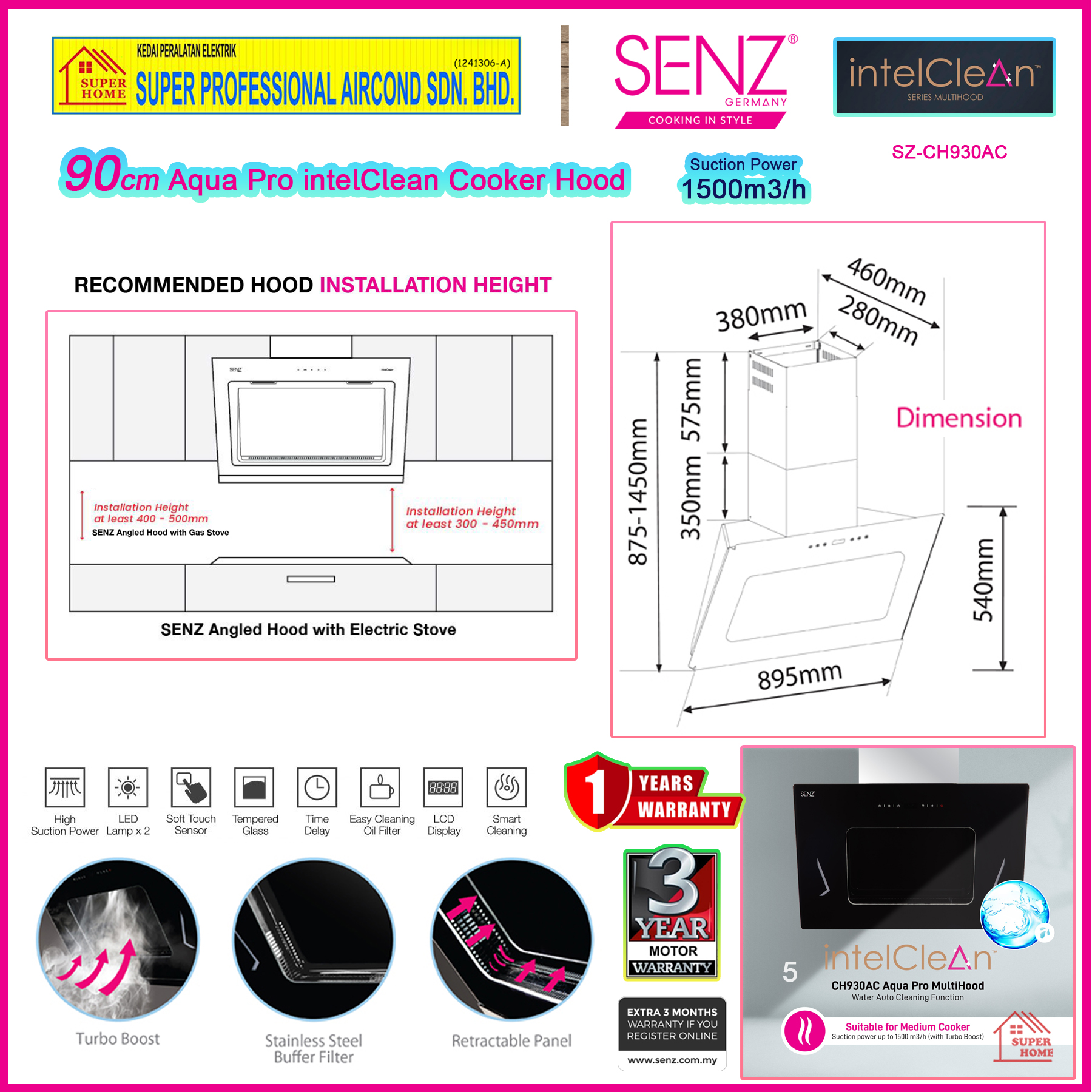 Senz Hood SZ-CH930AC Aqua Pro intelClean MultiHood / Senz Built-in Hob ...