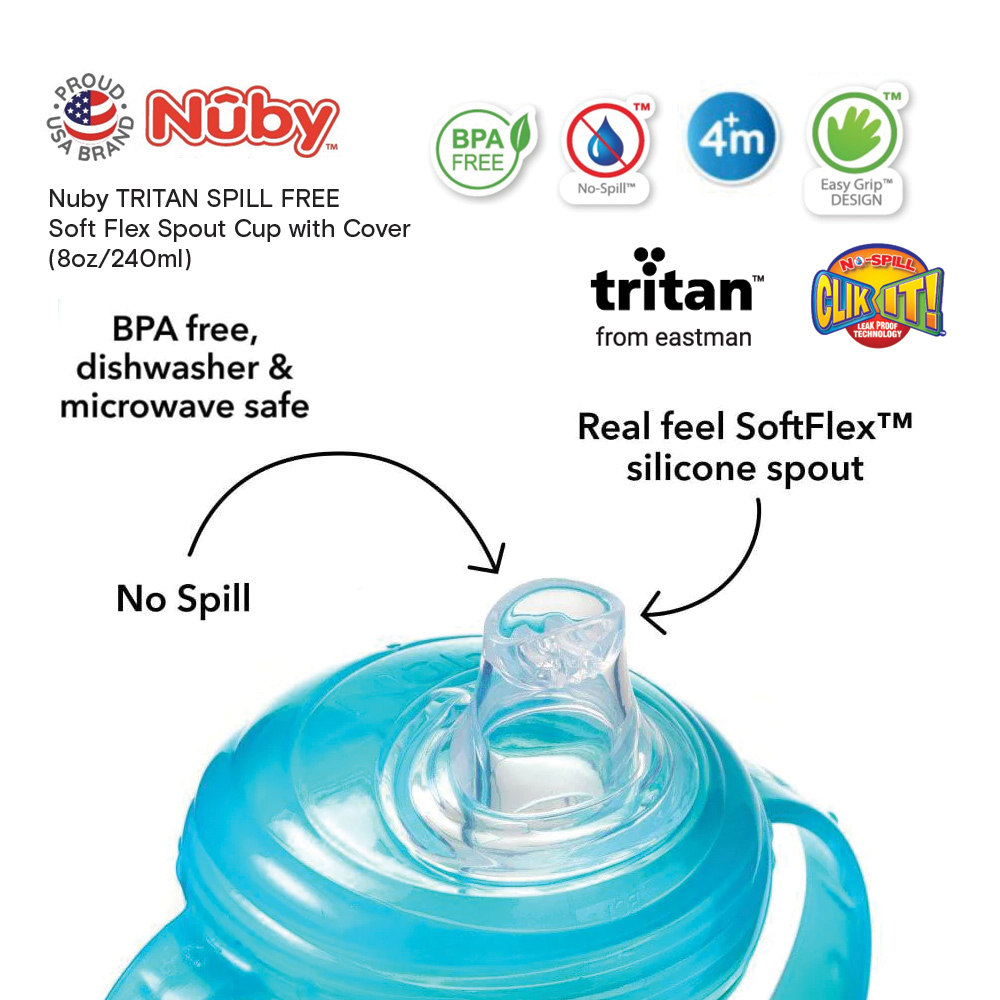 Nuby Tritan Spill Free Real Feel Soft Spout Cup with Handles 8oz/240ml 4m+ Baby Bottle BPA FREE ...