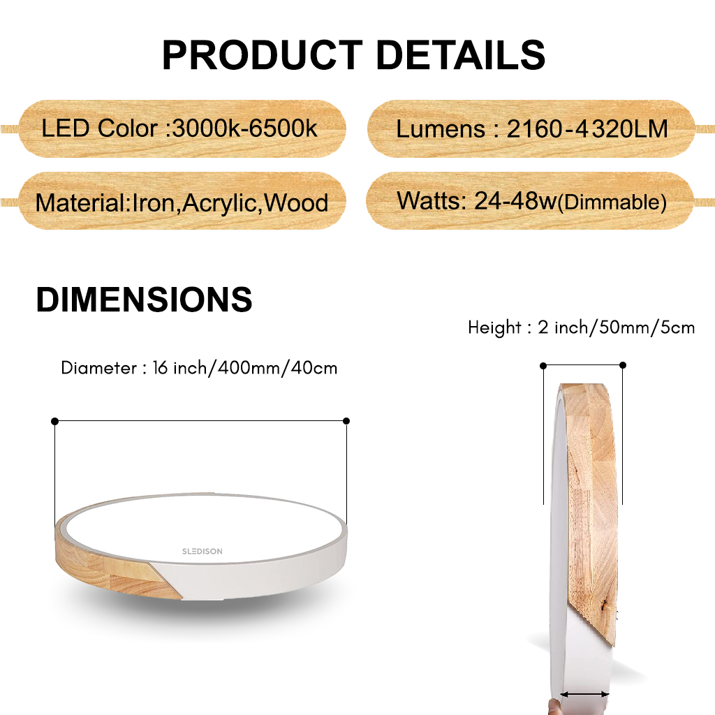 SL EDISON Wooden LED Ceiling Light 𝗥𝗲𝗺𝗼𝘁𝗲 𝗗𝗶𝗺𝗺𝗮𝗯𝗹𝗲 Round Surface ...