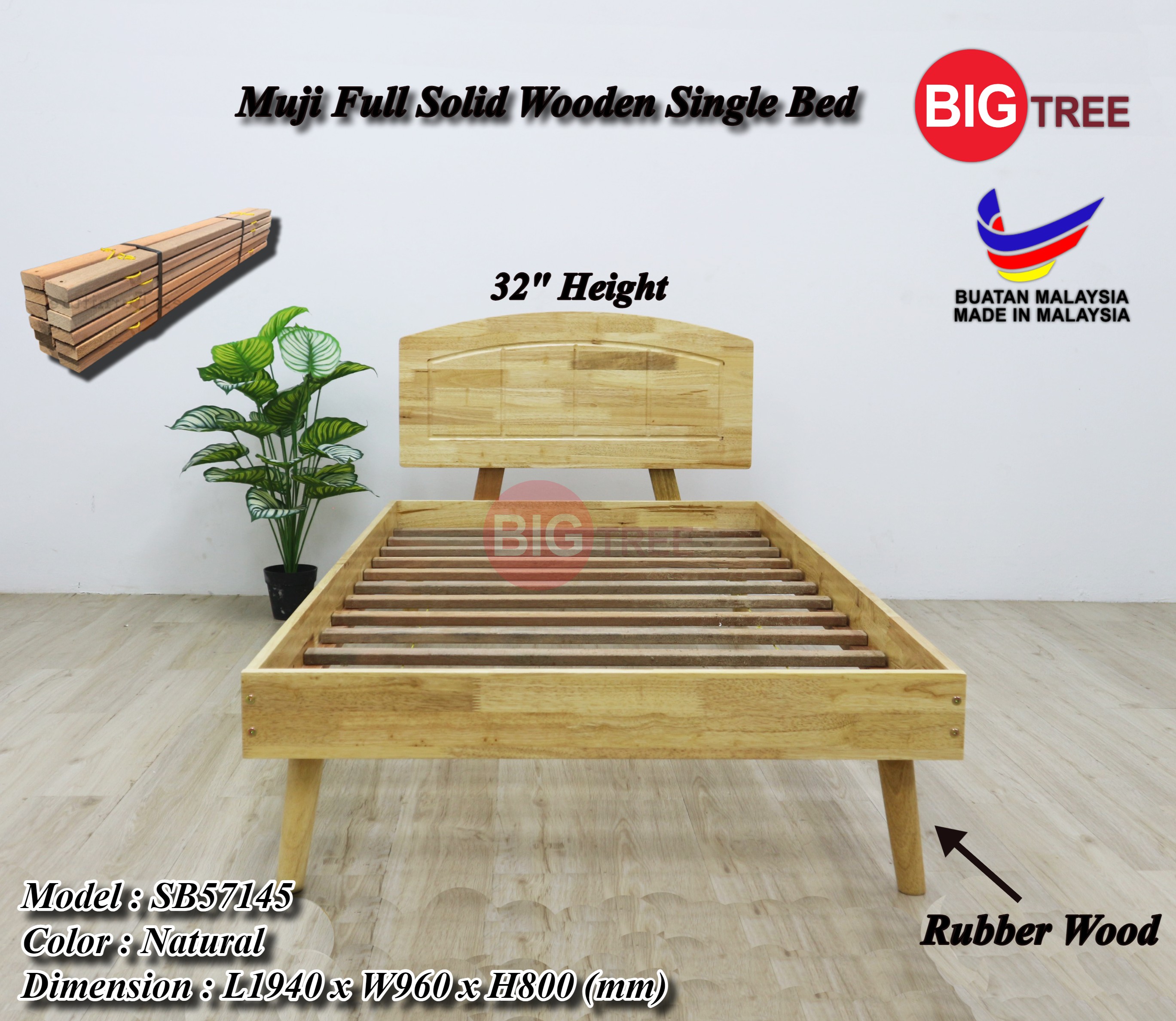Big Tree Japanese Design Modern Wooden Single Bed Frame / Full Solid ...