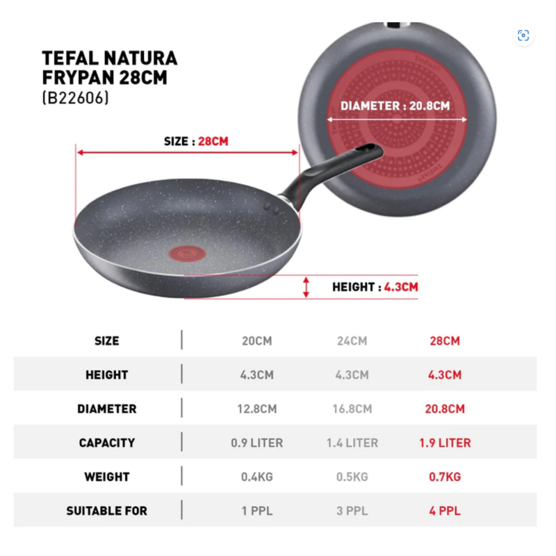 Tefal Natura Deep Frypan 26cm B2266595 B22665 / Natura Wokpan lid 32cm B2269495 B22694 / 28cm ...