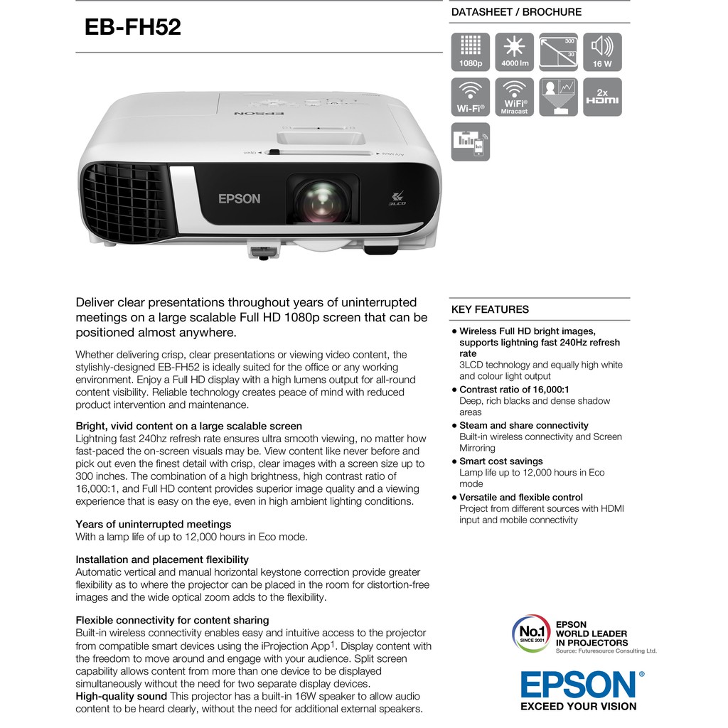 Epson EB-FH52 Full HD 3LCD 4000 Lumens Business Data Projector Built-In Wireless, Screen ...