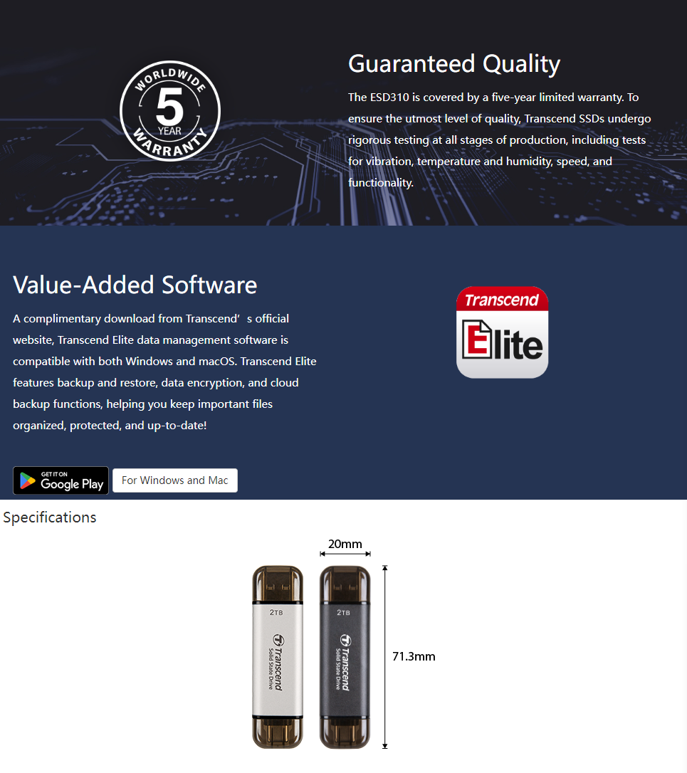 Transcend SSD ESD310 ( ESD310C ESD310S ) Dual USB 10Gbps Portable OTG ...