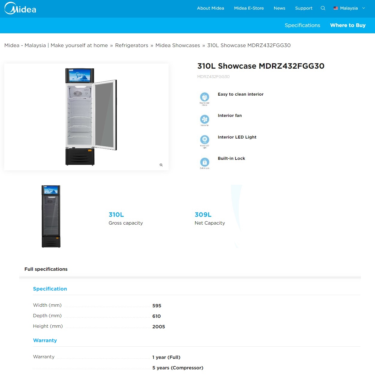 Midea Chiller Showcase (187L / 211L / 310L) Fridge Refrigerator ...