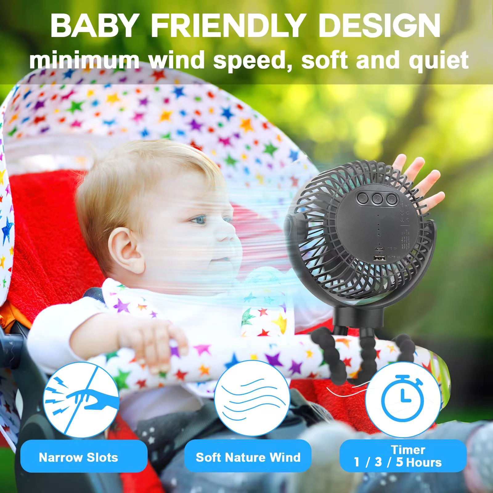 Amgras Stroller Baby Portable Mini Fan Rechargeable 9 Leds/Ultra Quiet ...