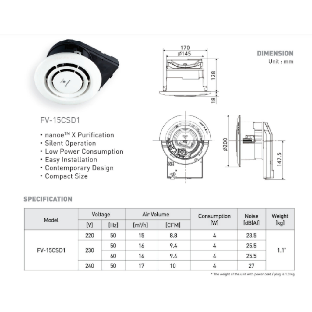 PANASONIC FV-15CSD1NAH AIR-E CEILING MOUNT NANOE X GENERATOR AIR PURIFIER REMOVE ODOURS FV ...
