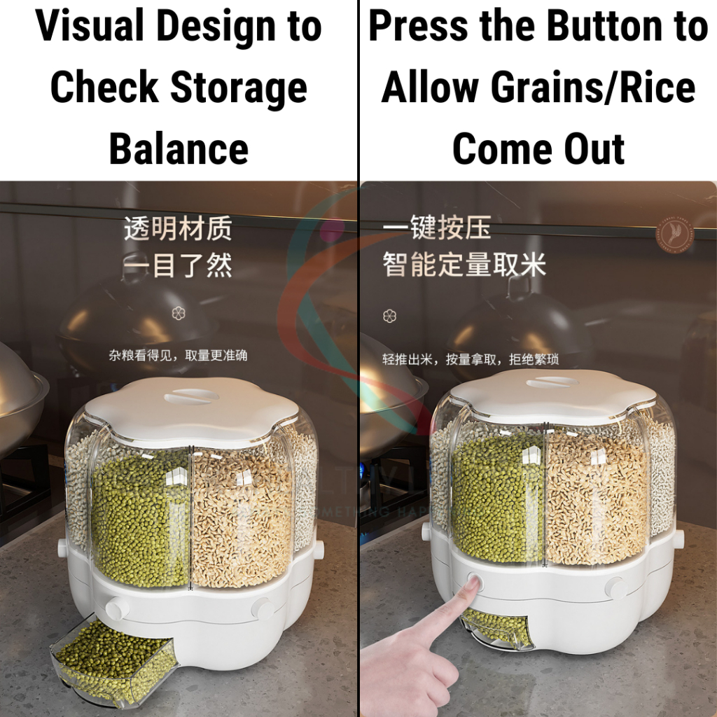 【READY STOCK】6 Grid Rotating Rice Dispenser Rice Storage Bucket Rice ...