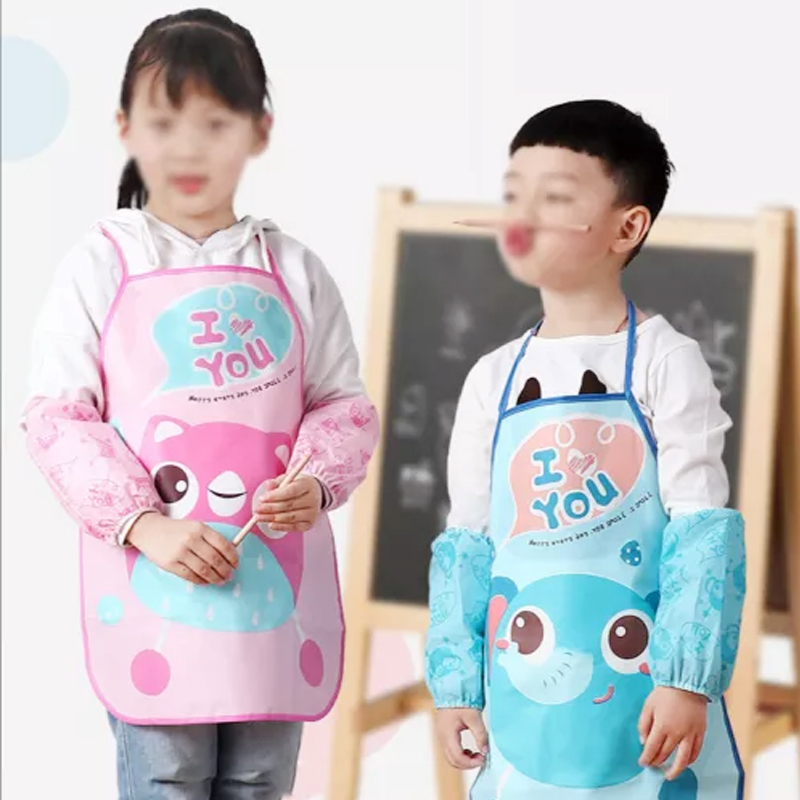 𝐖𝐈𝐓𝐇 𝐀𝐑𝐌 𝐒𝐋𝐄𝐄𝐕𝐄𝐒 Cute Cartoon Design Kids Apron Waterproof Children Art ...