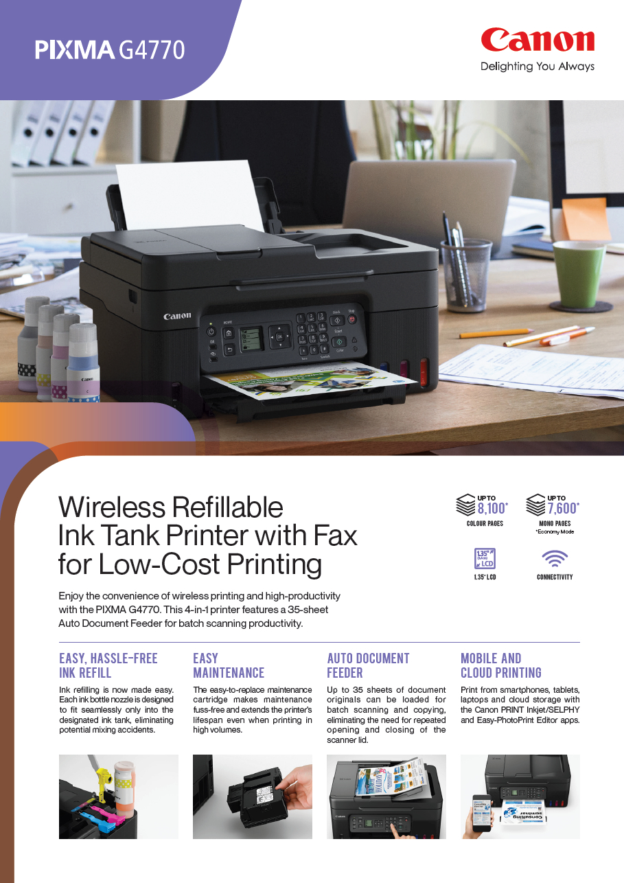 Canon PIXMA G4770 (Print, Scan, Copy, Fax, ADF, WiFi) Refillable Ink ...