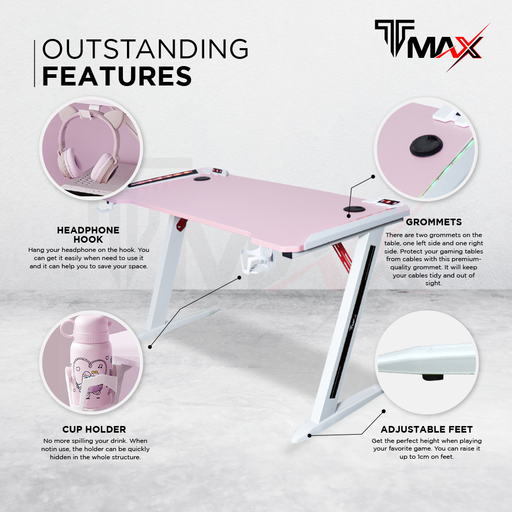 TMAX L120/140cm Z-shaped Gaming Table Gaming Desk With RGB Lighting ...