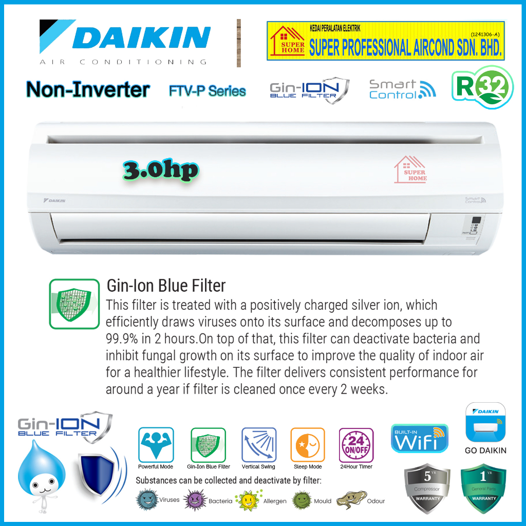 Daikin 3.0hp Non Inverter Air Conditioner FTV85PBV1MF & RC85BV1M ((WiFi ...