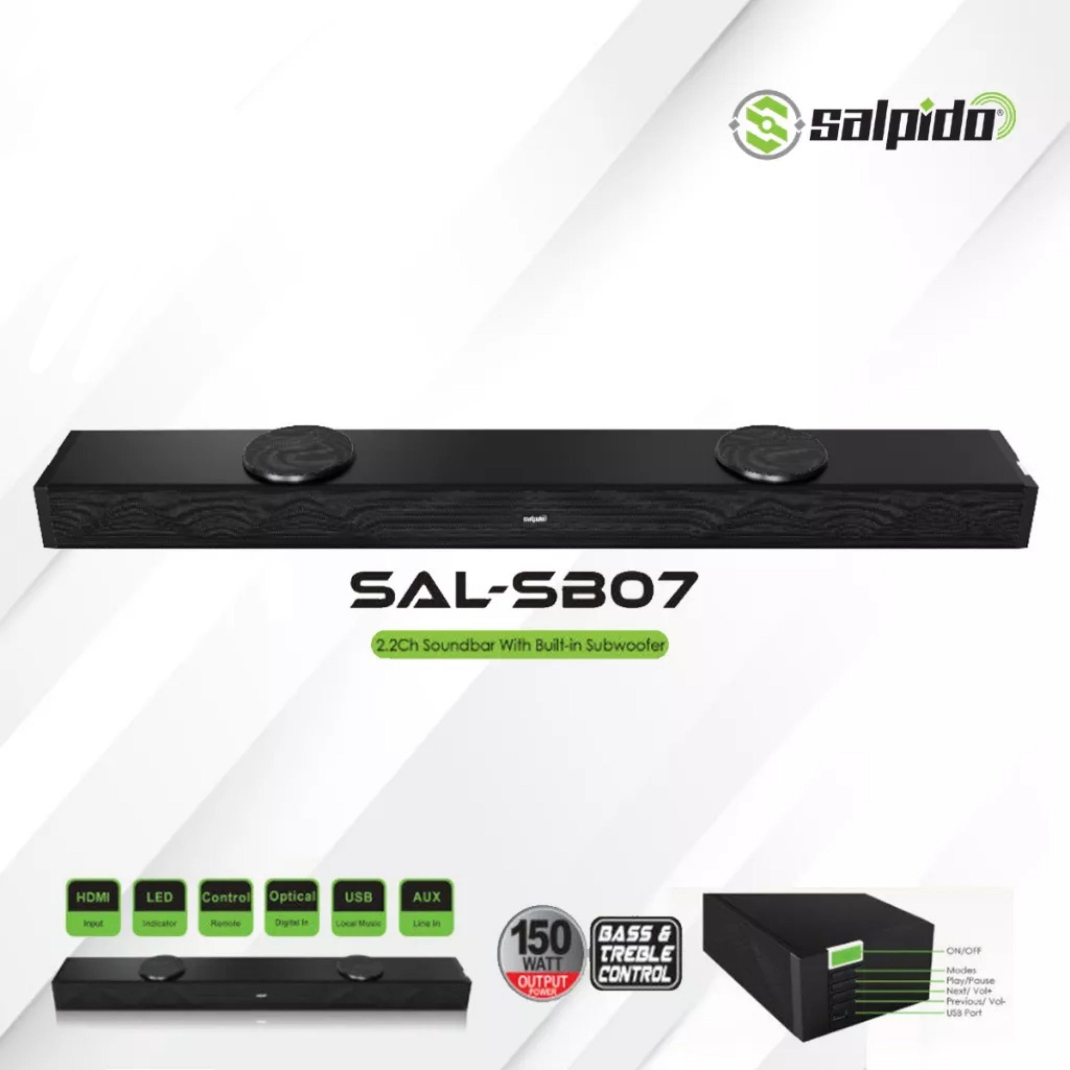 SALPIDO SAL-SB07 2.2ch Solid Wood SOUND BAR with 3.0" x 2 Built-in SUBWOOFER - TOTAL RMS 150W w ...