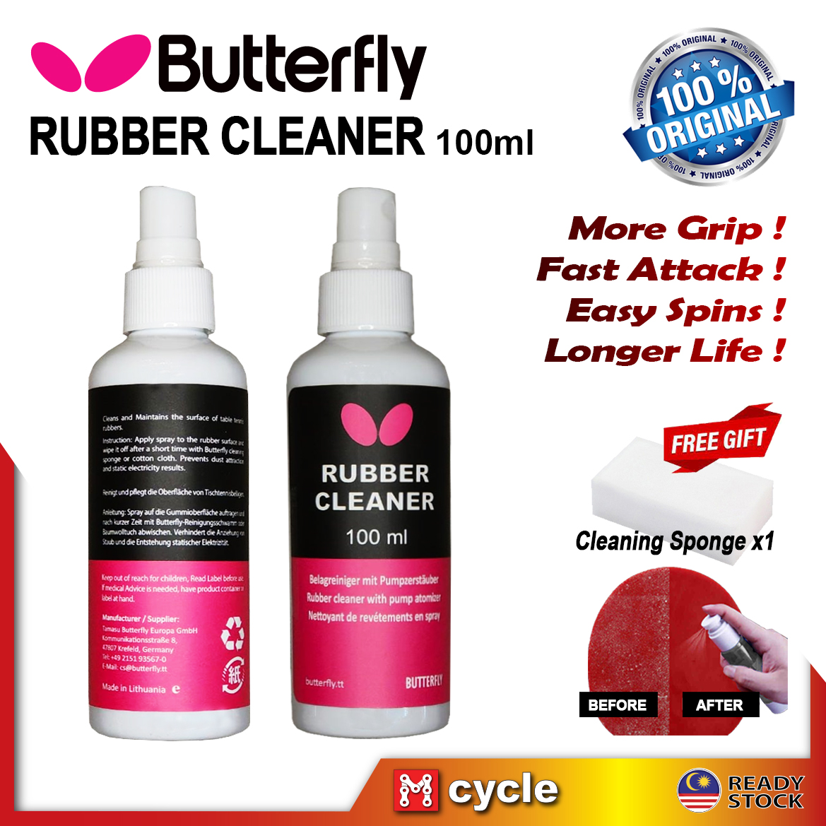 BUTTERFLY Rubber Cleaner 100ml Ping Pong Grip Spray Table Tennis Gerah ...