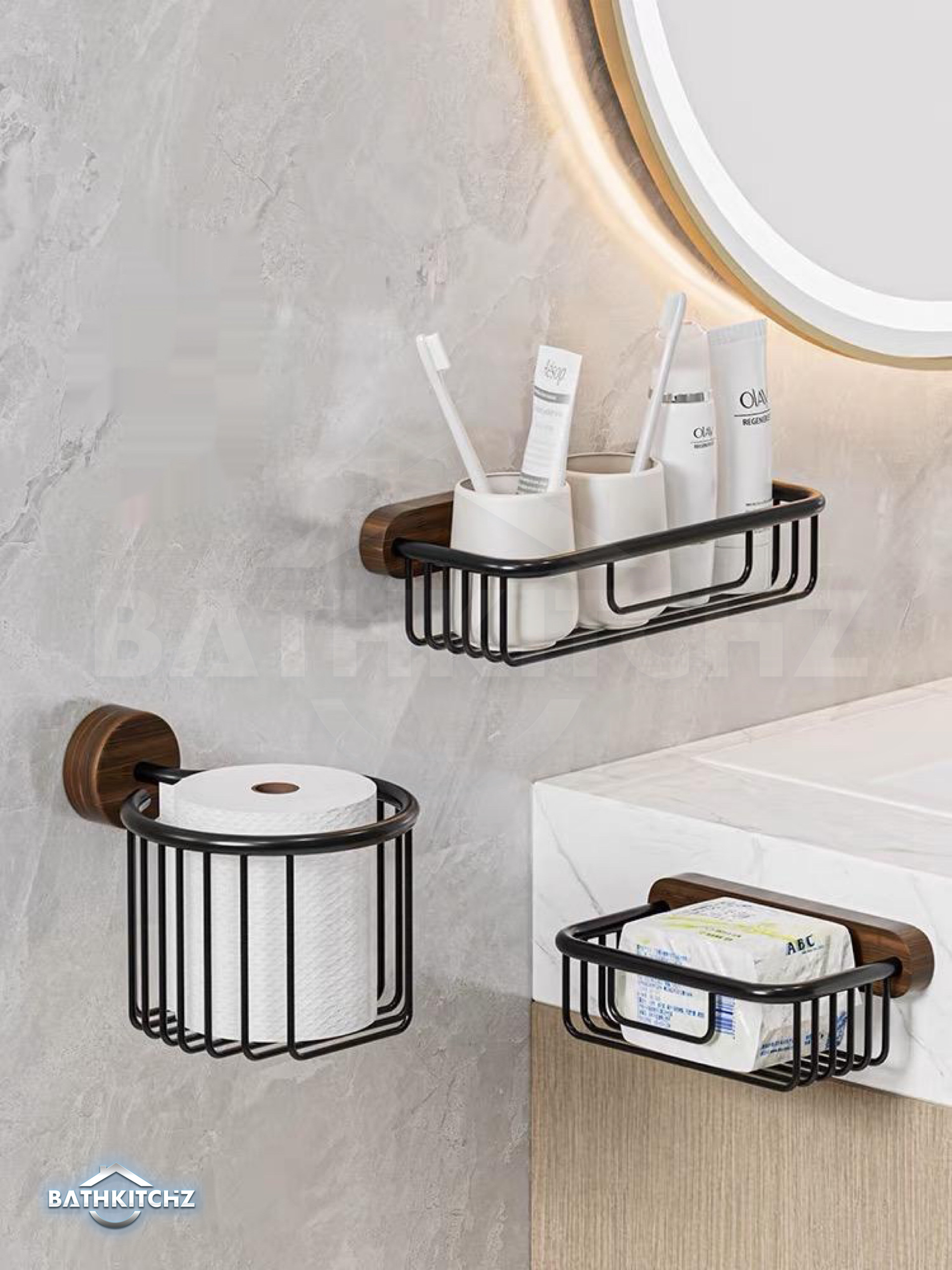 BATHKITCHZ Wooden Toilet Paper Holder Punch Free Wood Tissue Rack ...