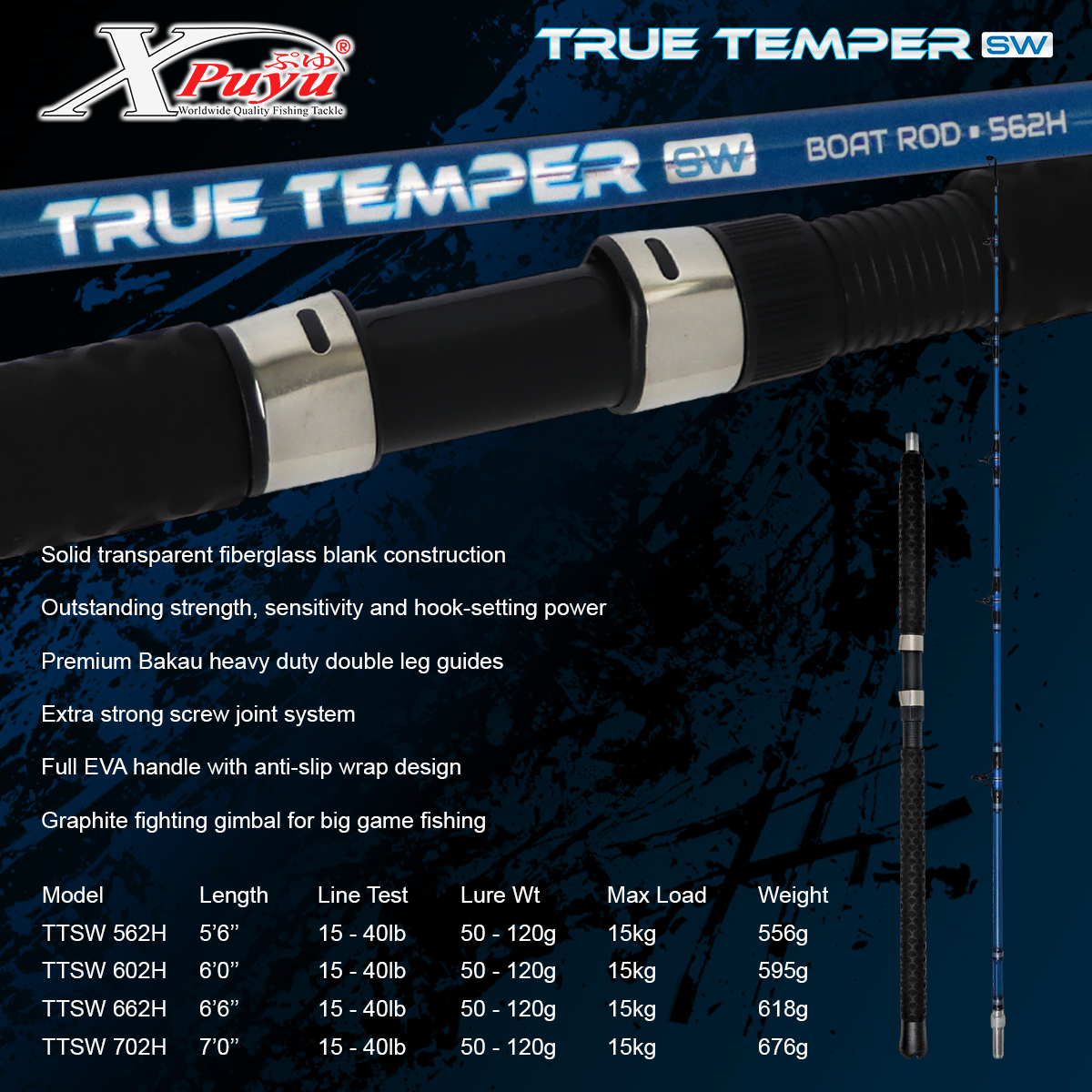 Xpuyu True Temper SW Spinning Fishing Boat Rod Super Solid Fiberglass ...