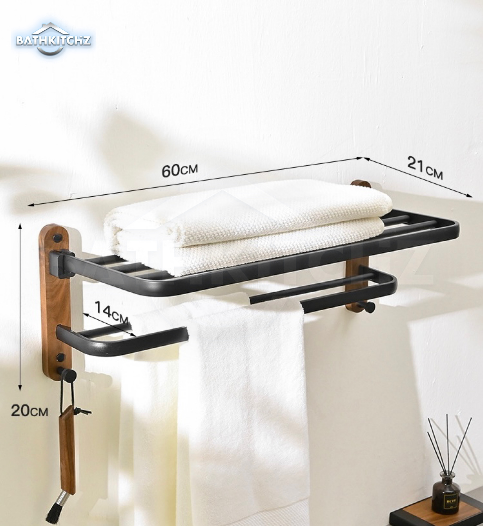 BATHKITCHZ Wooden Bathroom Towel Rack Toilet Towel Hanger Shampoo ...