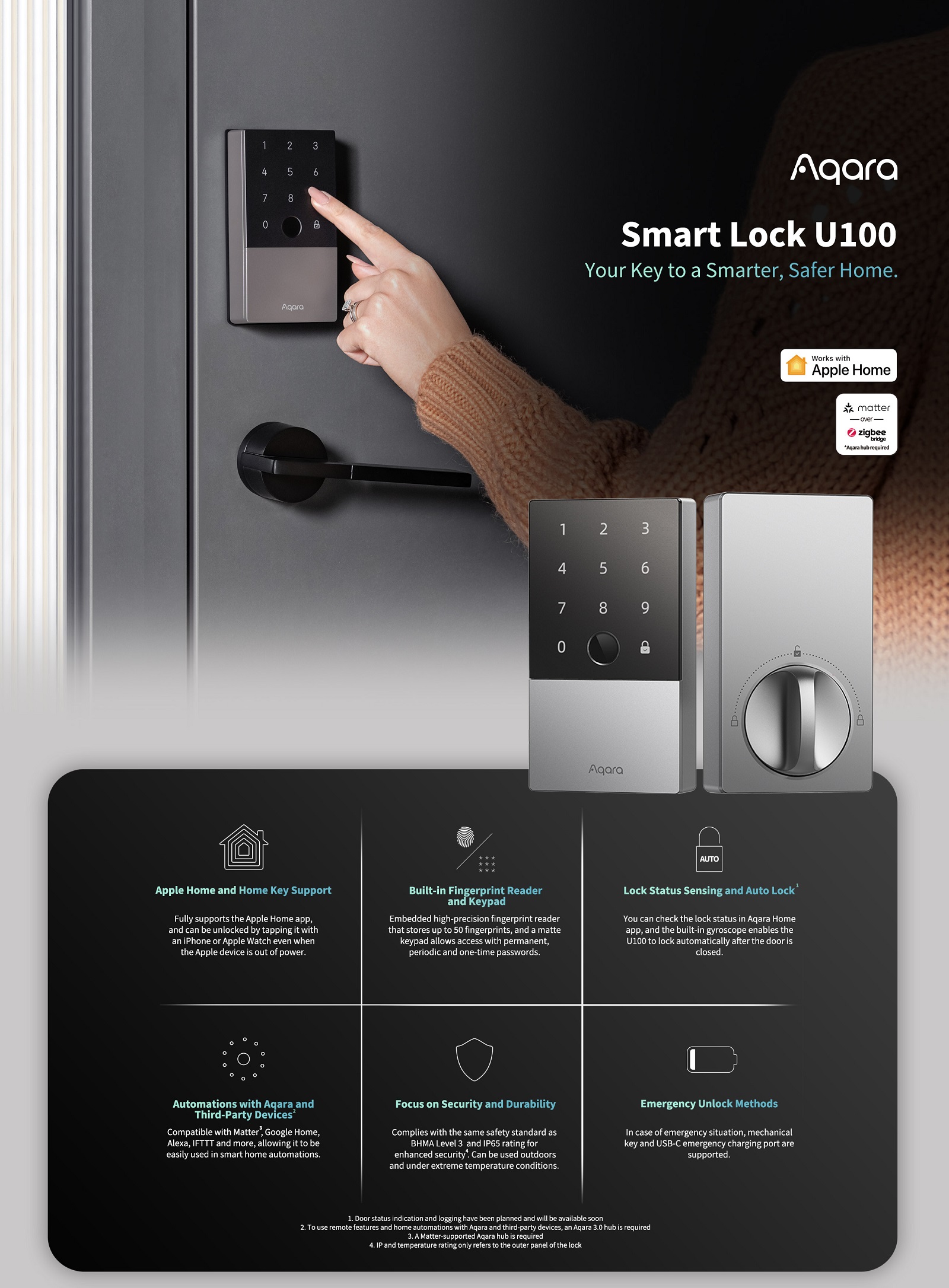 Aqara Smart Lock U100 Kit | 2 Years Warranty | Built-In Fingerprint Reader & IP65 Keypad ...