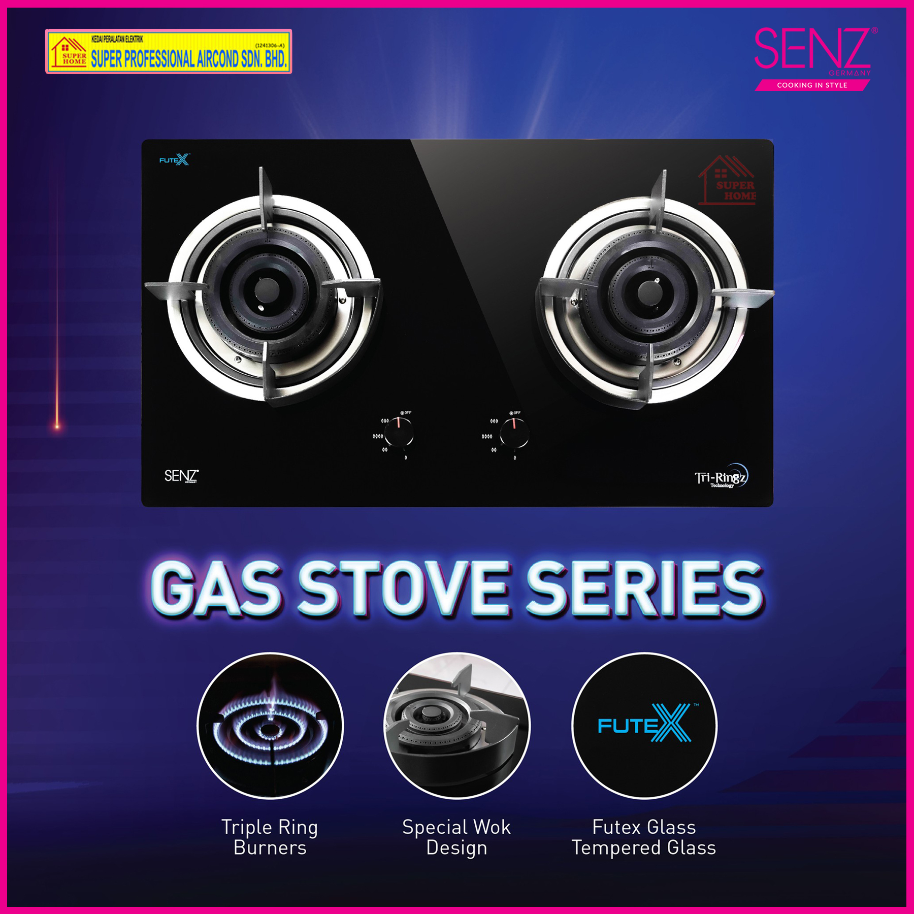 Senz Built-in Hob SZ-GS388Tri-Ringz Twin Burner Gas Stove Safety Device ...