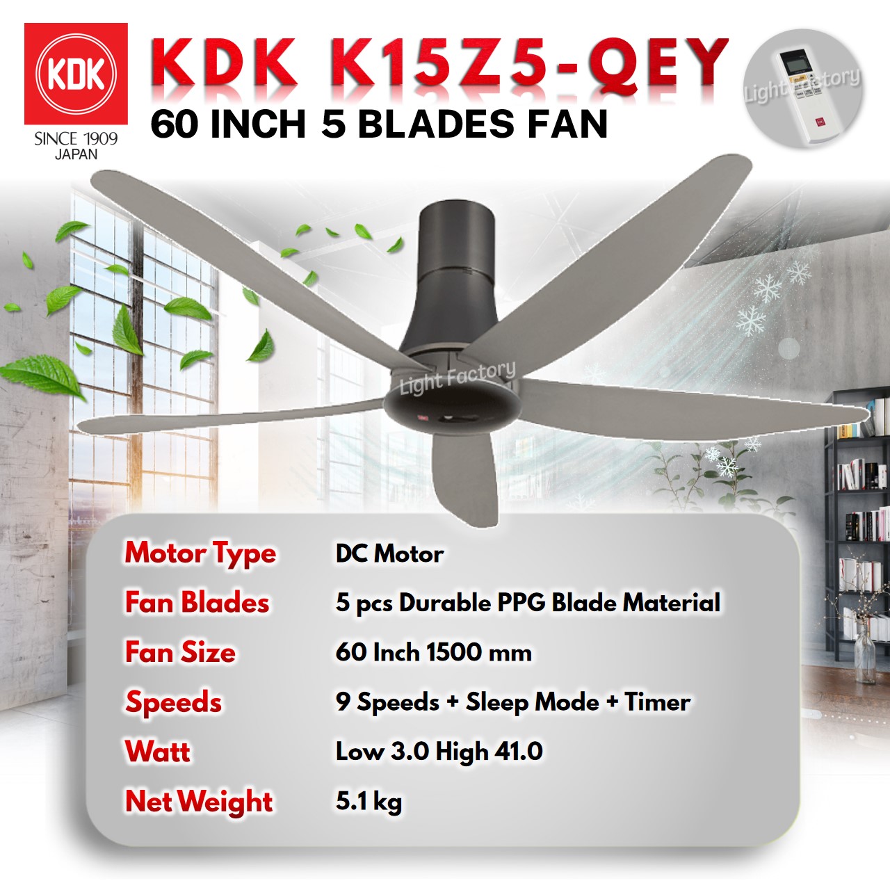 KDK K15Z5-QEY SENSA 5 60" 5 Blades 9 Speeds Remote Ceiling Fan Kipas ...