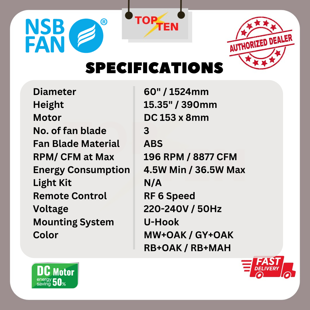 NSB Ceiling Fan B Fan+ Wood Design 60" With Remote Control 6 Speed DC ...