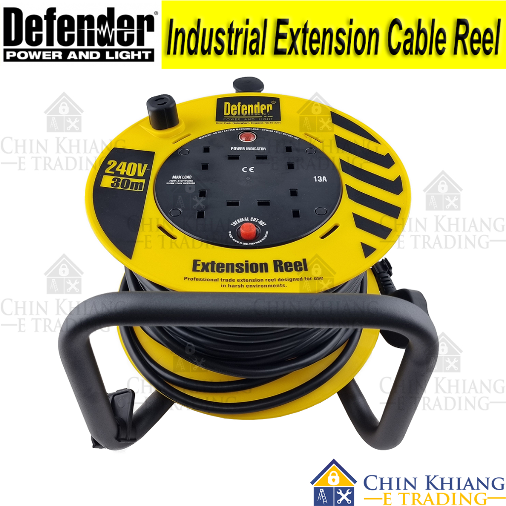 Defender 30M 4-Way Industrial Extension Wire Cable Reel 240V 13A E86507 ...