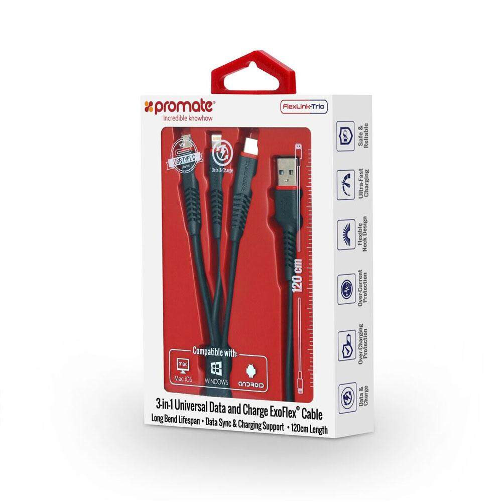 Promate 3 in 1 Cable Micro USB Type-C IP Multi Charging Cables Suitable for Car Charing FlexLink ...