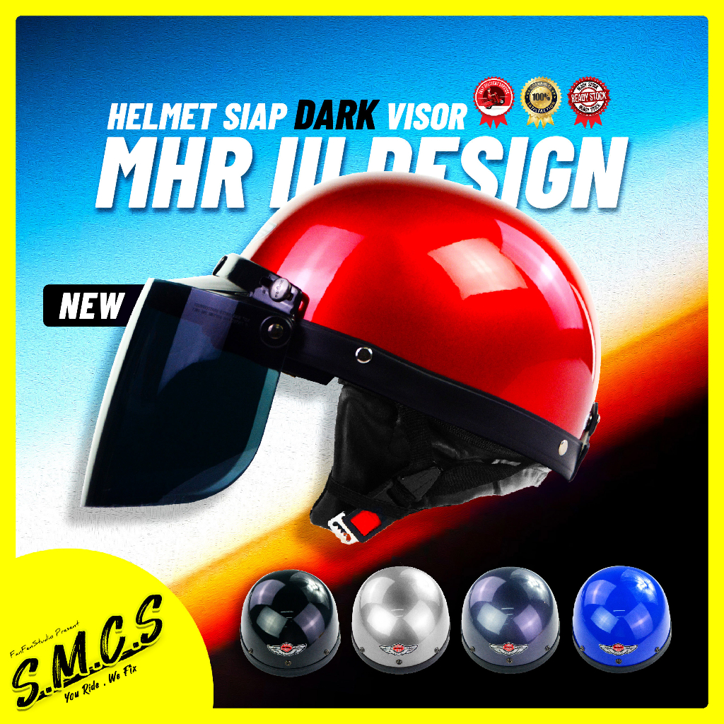 MHR III Siap Dark Grey Visor [BRV LOGO] Steng Kura Kura Topi Keledar MHR Separuh Helmet Half Cut ...