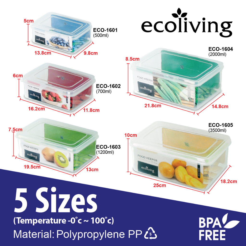 ECO LIVING 500-1200ml Stackable Airtight Fruit Vege.Food Storage ...