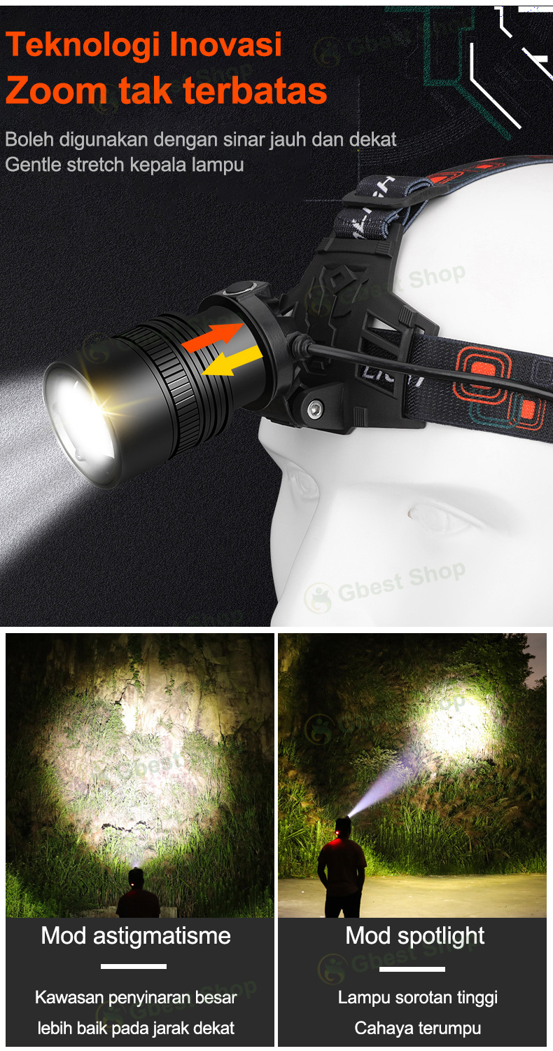 P50 Lampu suluh Headlamp led head lamp zoom torch cap light headlight ...