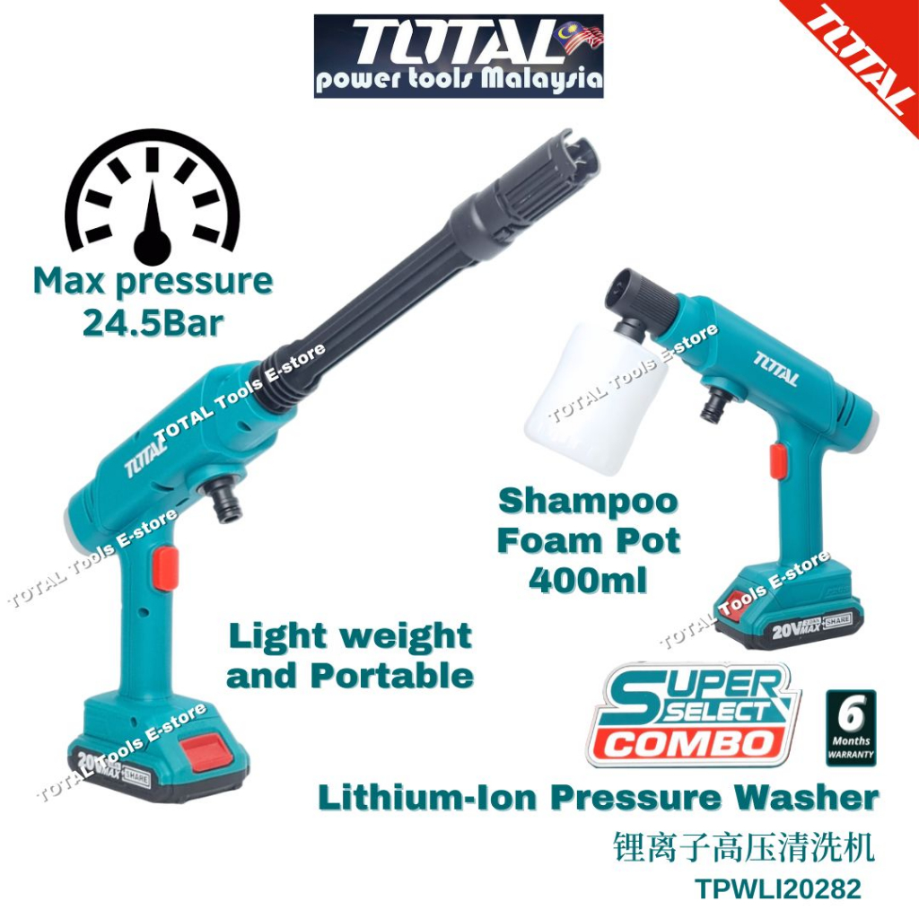 TOTAL Portable 20v P20s Series Cordless Pressure Washer + Lithium-Ion ...