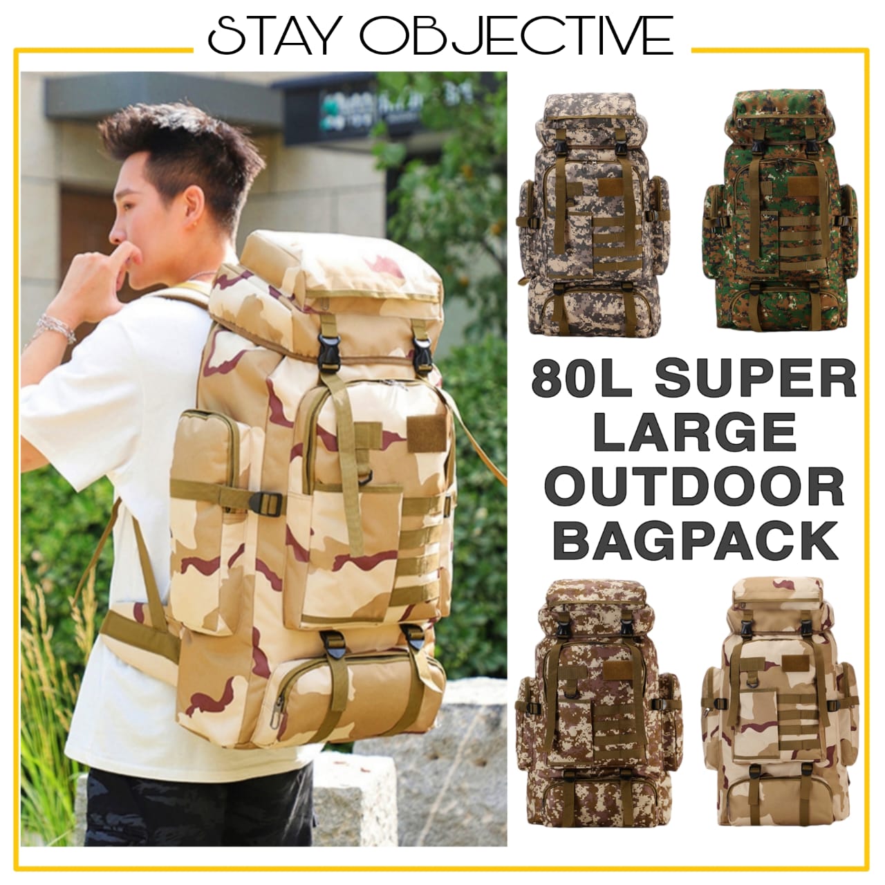 70L Large Capacity Backpack Waterproof Beg Hiking Bag Military Daki ...