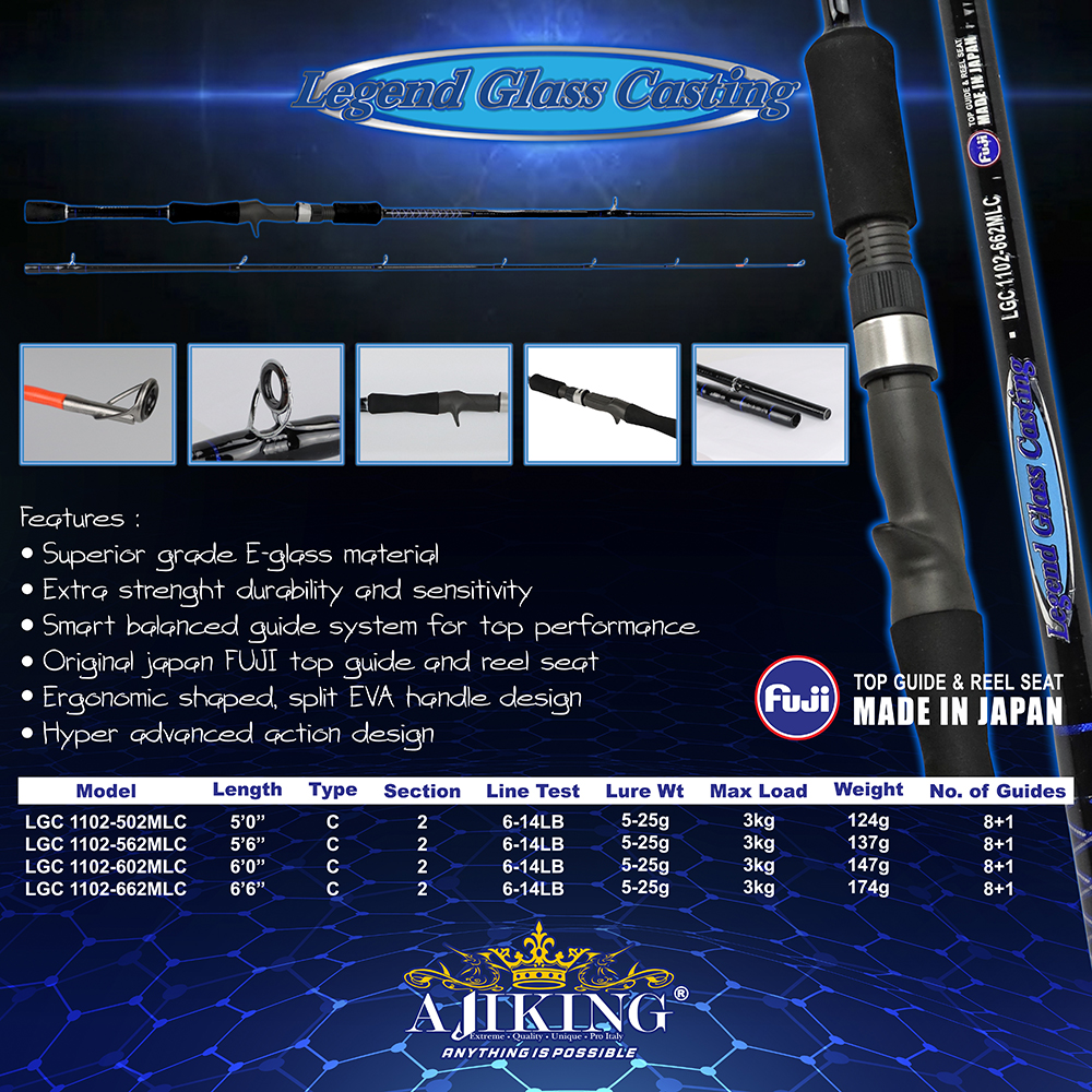 (5'0ft-6'6ft) Ajiking Legend Glass Casting Fishing Rod MaxLoad 3kg-4 ...