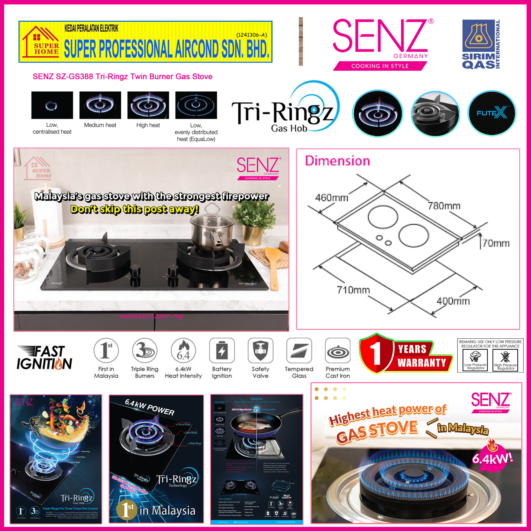 Senz Built-in Hob SZ-GS388Tri-Ringz Twin Burner Gas Stove Safety Device ...