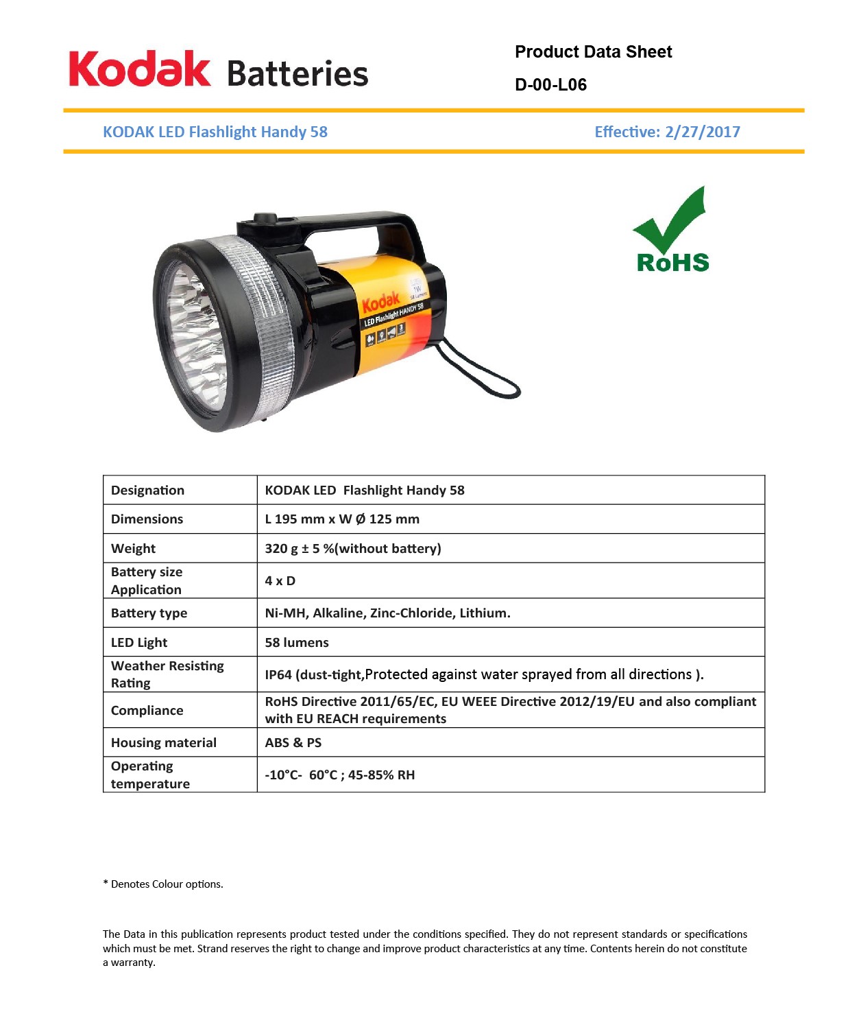 KODAK HANDY 58 LED Flashlight with 58 Lumens, IP64, 35m Range & Weather ...