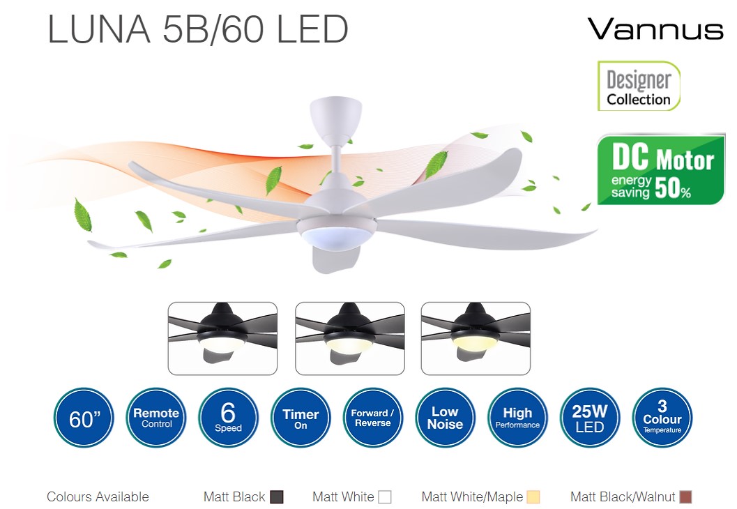 60" ALPHA Vannus LUNA [LED] DC Motor Ceiling Fan with Remote | LUNA-5B ...