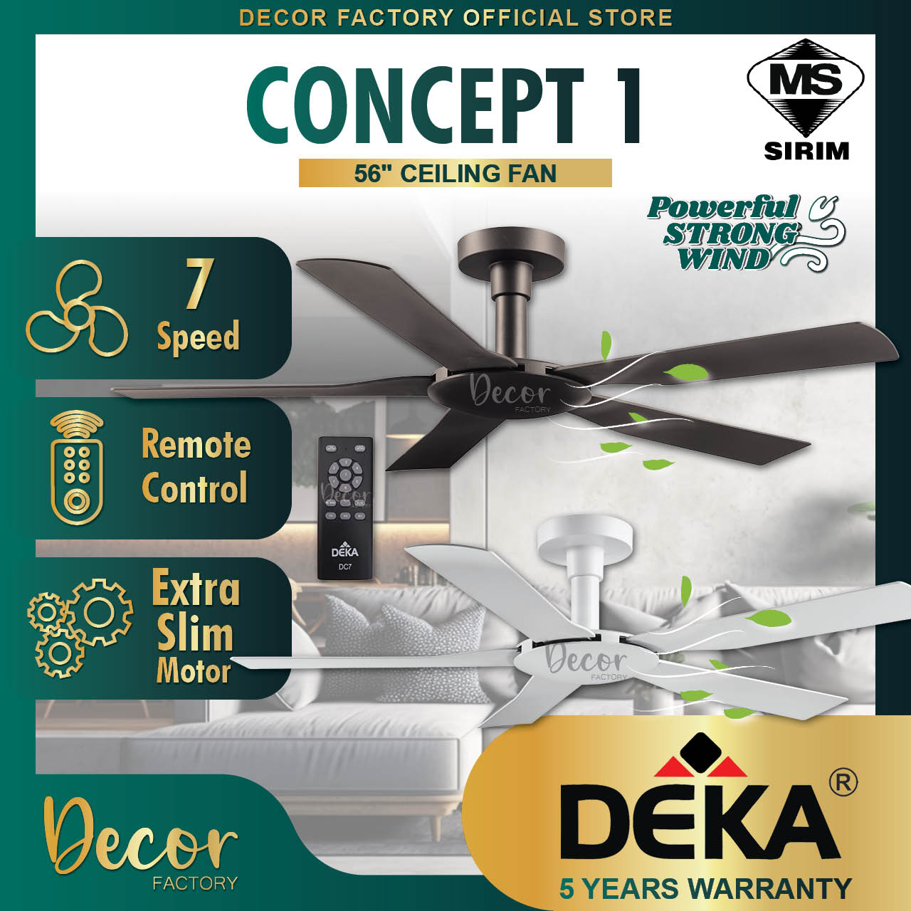 DEKA Fan DEKA CONCEPT 1 56" 5 Blades 7 Speed Forward + Reverse DC Motor ...