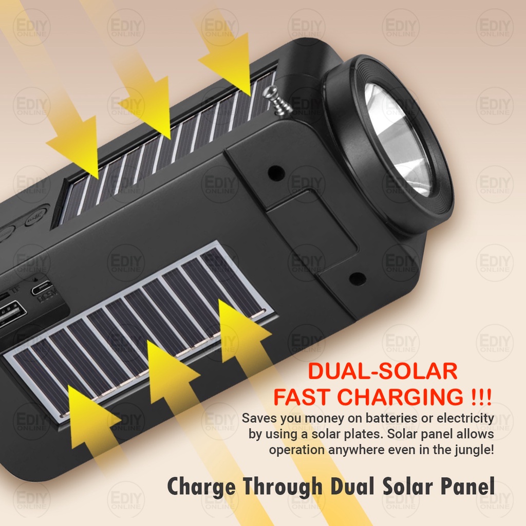 DUAL SOLAR + FM RADIO + TORCH LIGHT LED WIRELESS USB BLUETOOTH SPEAKER ...
