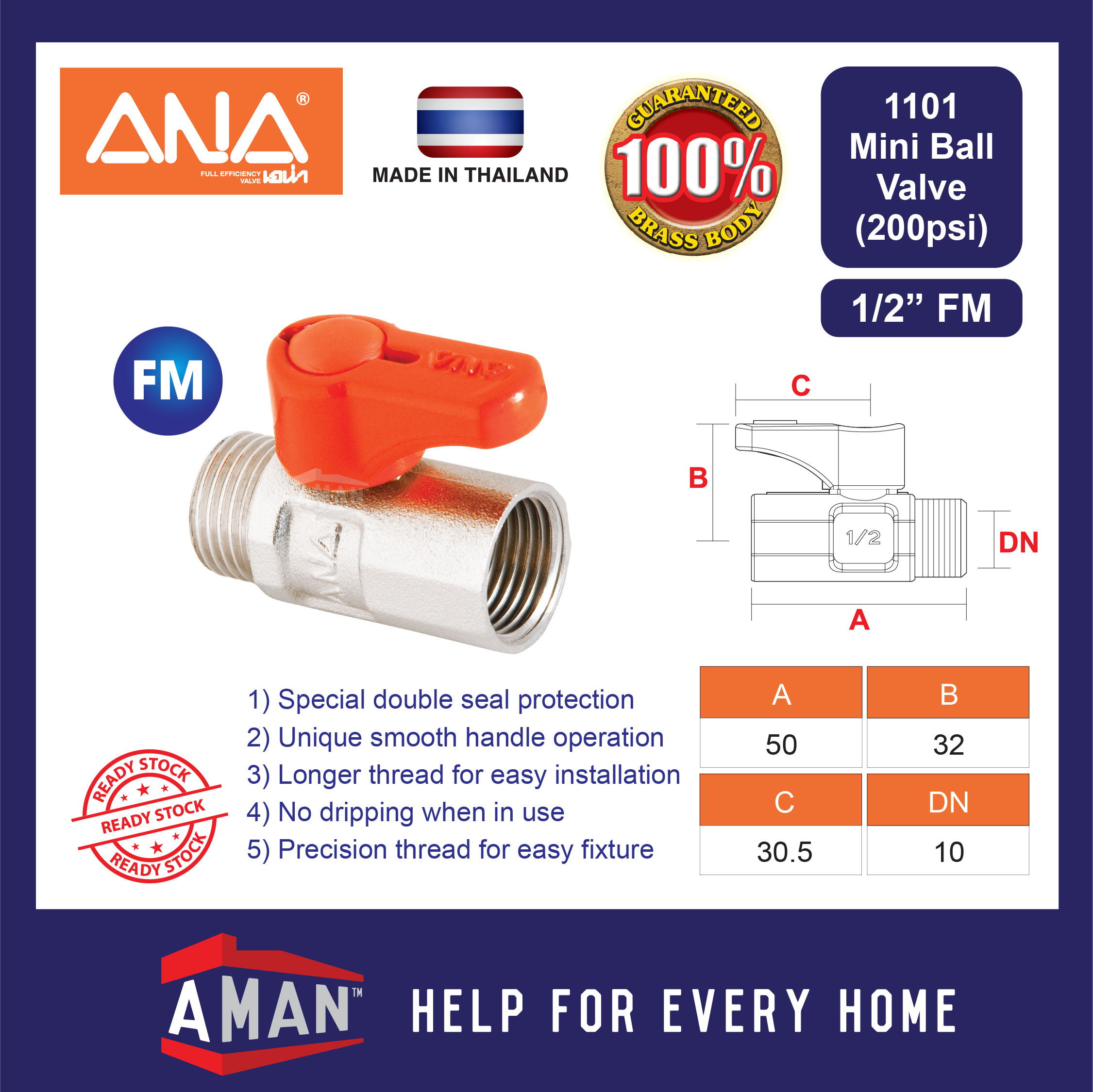 ANA Mini Ball Valve Aluminium Handle Ball Cock Stopcock Faucet Water ...