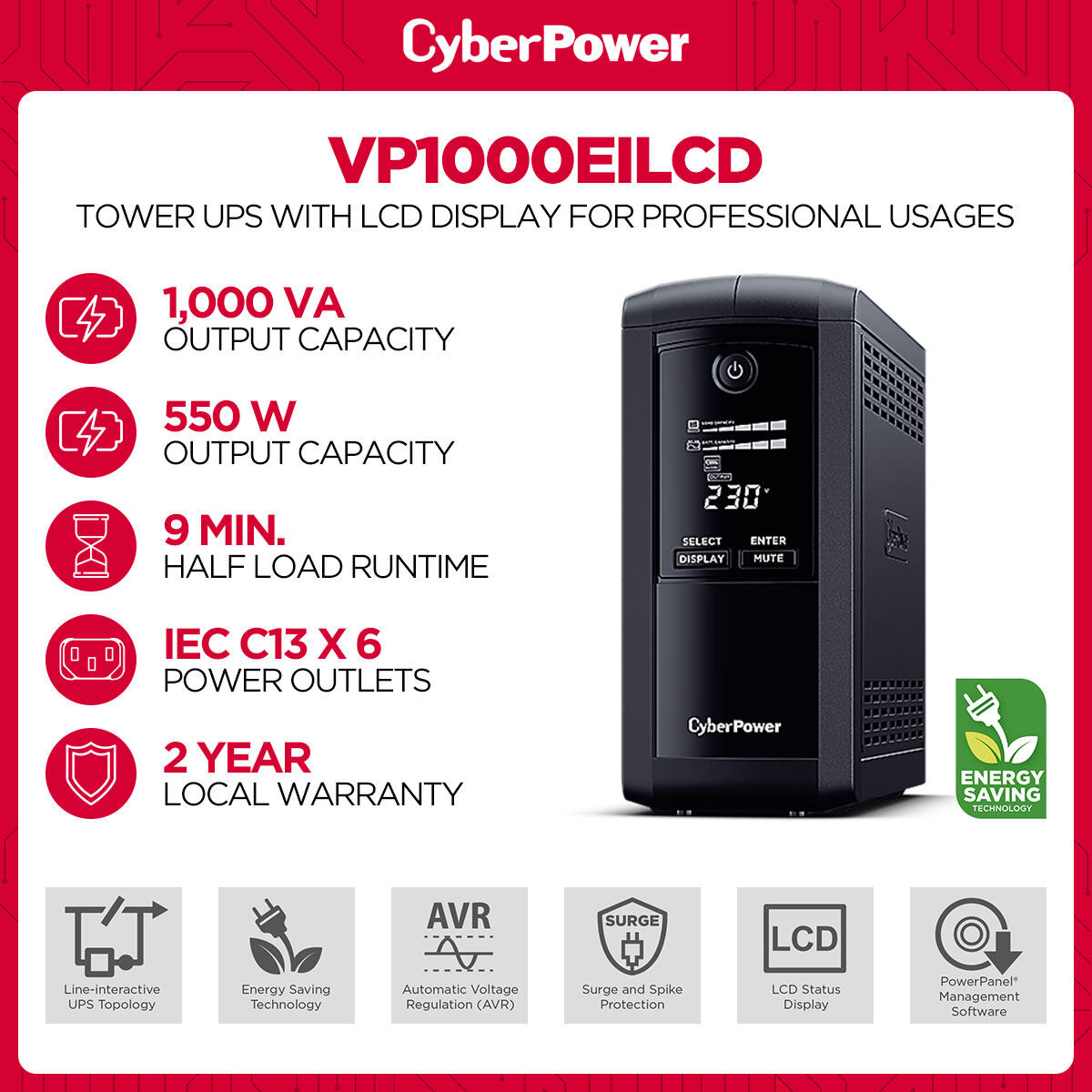 Cyberpower VP1600EILCD 1600VA-960W / VP1000EILCD 1000VA-550W UPS Backup ...