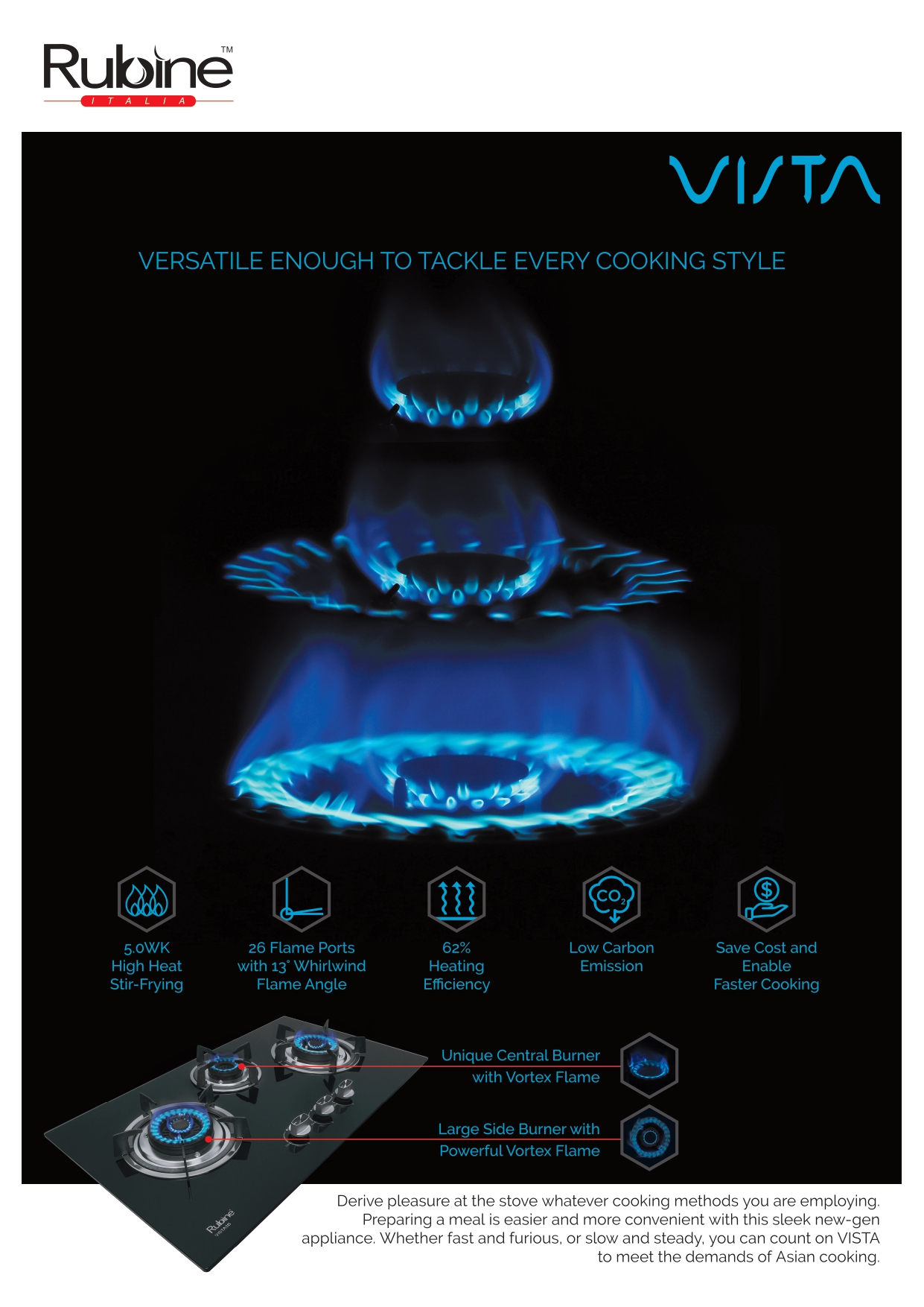 RUBINE Glass Gas Hob With Flame Power (5.0kw) RGH-VISTA2B-BL | Shopee ...