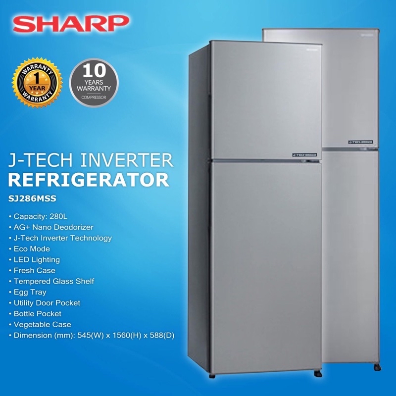 Sharp 2 Door Refrigerator Fridge SJ285MSS / SJ286MSS J-Tech Inverter ...