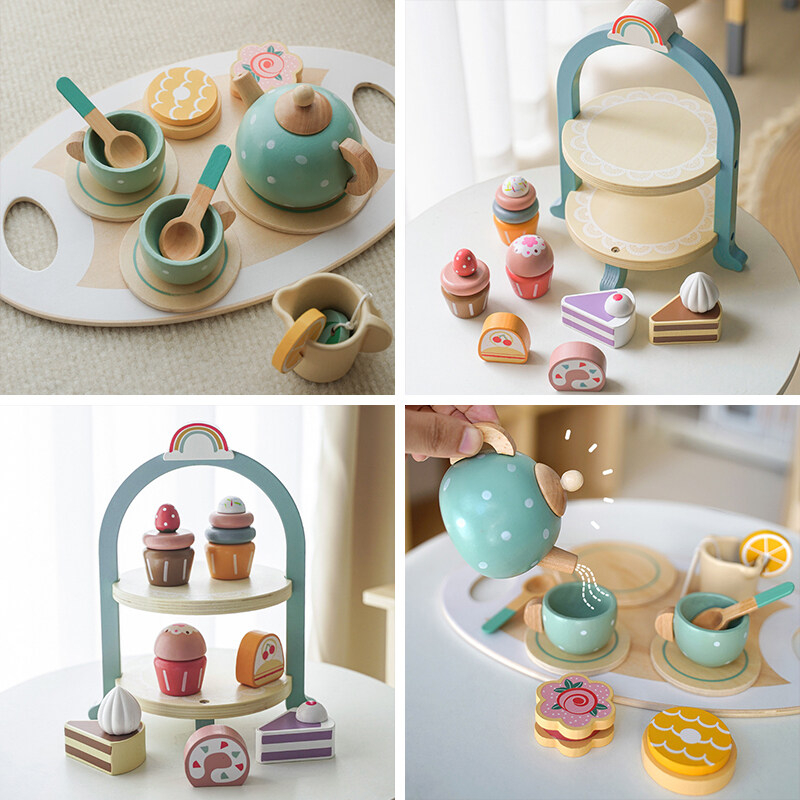 Wooden Tea Set Toy/Cake and Ice Cream Dessert High tea set/Kitchen ...