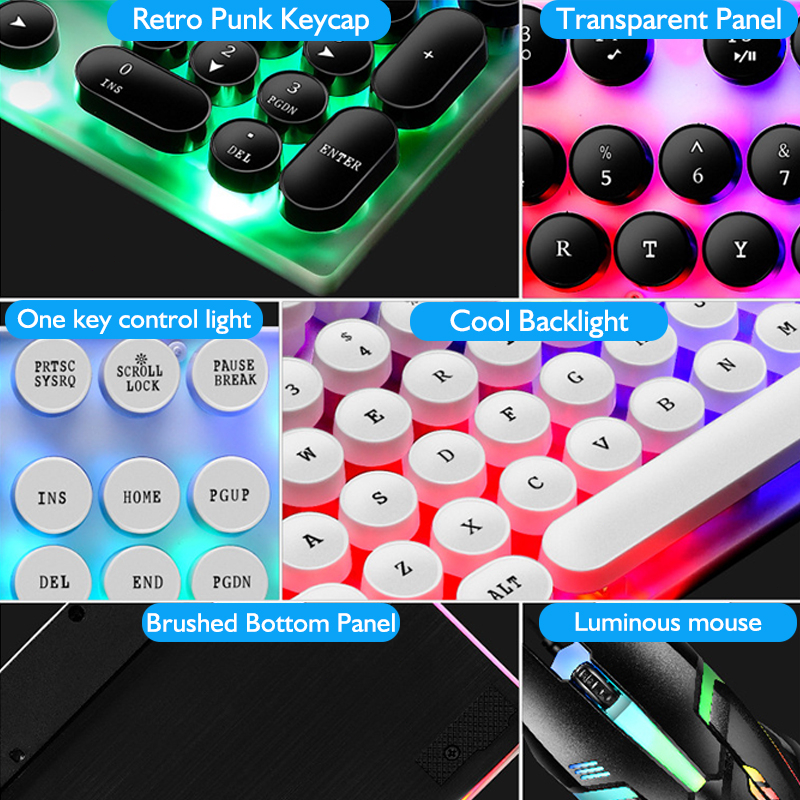 Mechanical Wireless Keyboard and Mouse Set Rainbow RGB Colour LED Light ...