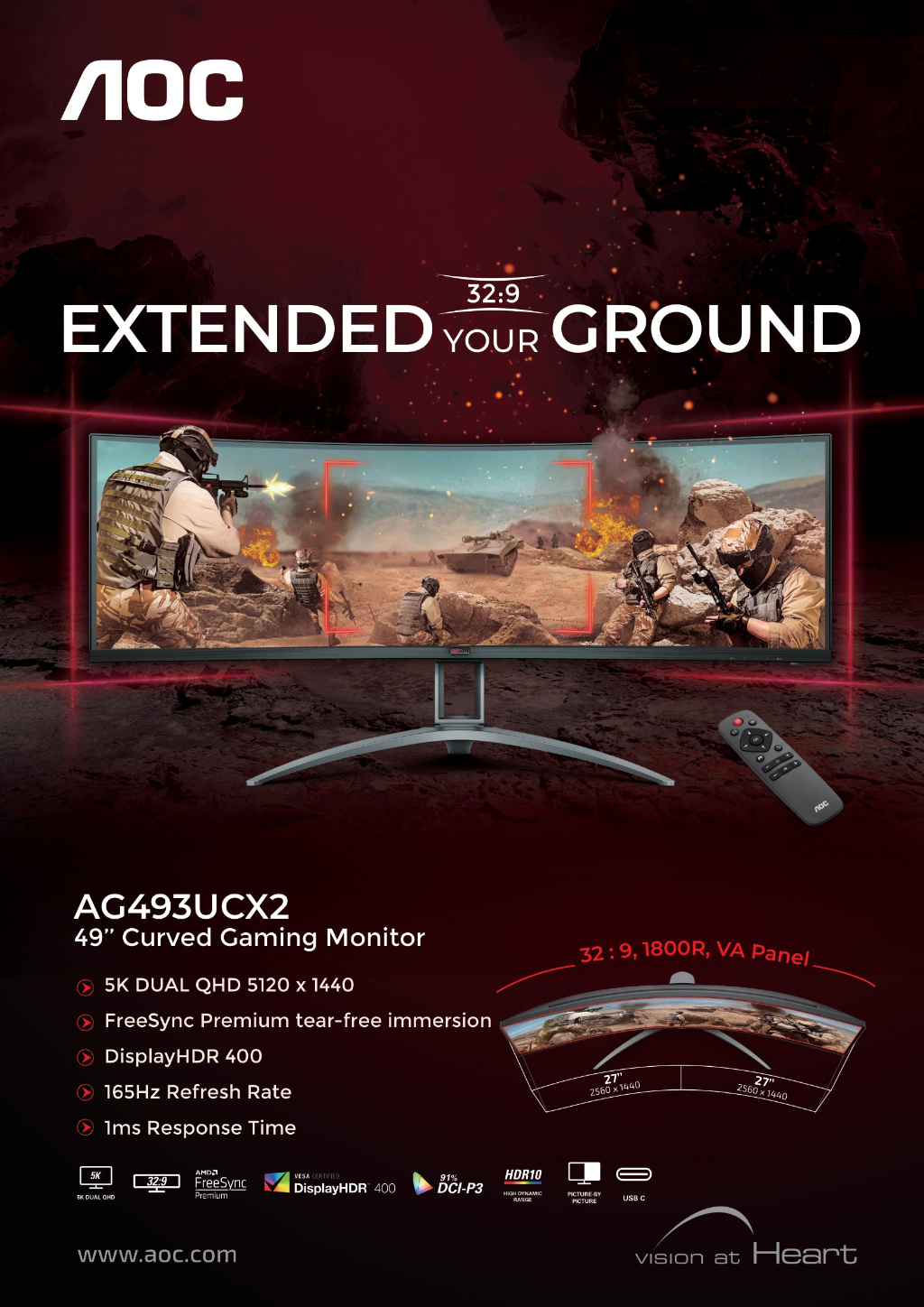 AOC AG493UCX2 AGON 49" 5K Dual QHD HDR400 165Hz UltraWide Gaming ...