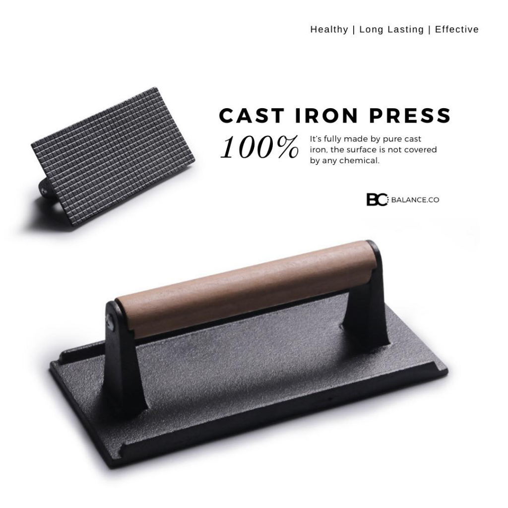 Balance.co Heavy Duty Cast Iron Grill Steak Press with Wood Handle Meat ...