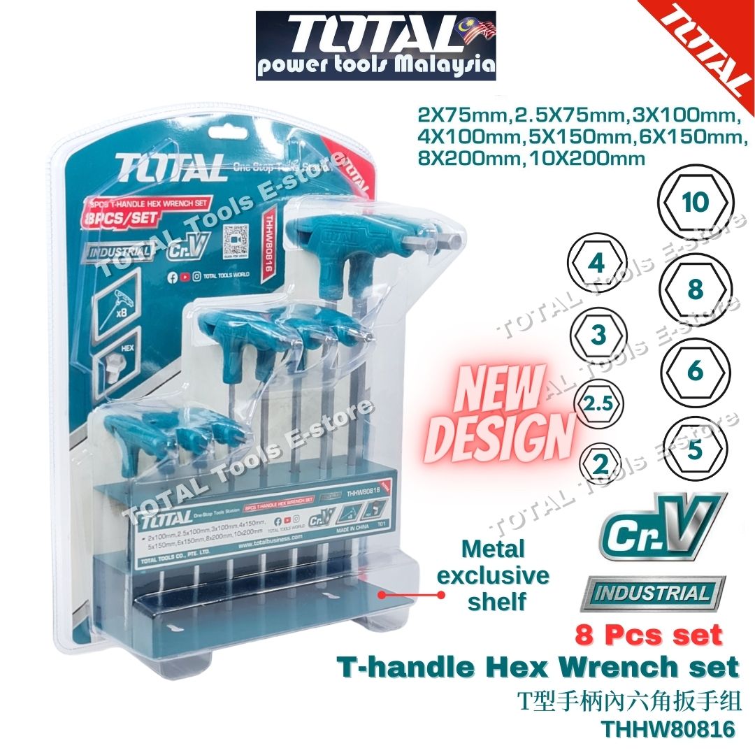 TOTAL 8 Pcs CrV T-handle Hex Wrench Set / T-handle Hex Allen Key T ...