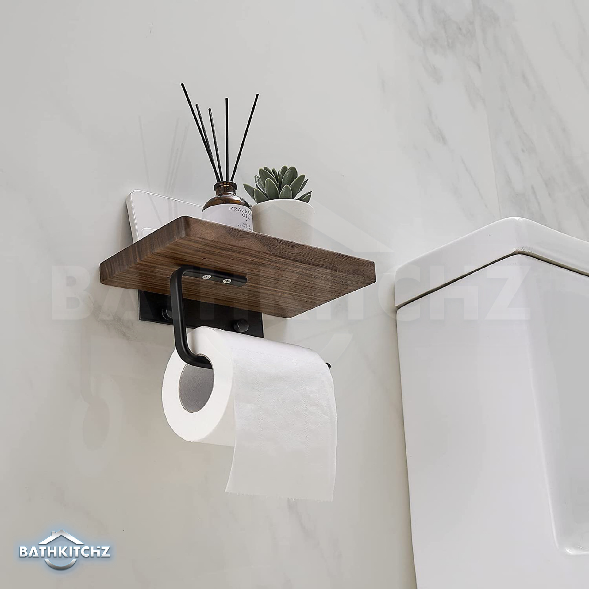 BATHKITCHZ Toilet Paper Holder with Natural Walnut Wooden Shelf Tissue ...
